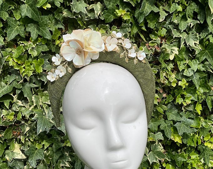 Sage Green , Gold and Ivory Halo Crown Headband Fascinator - Etsy