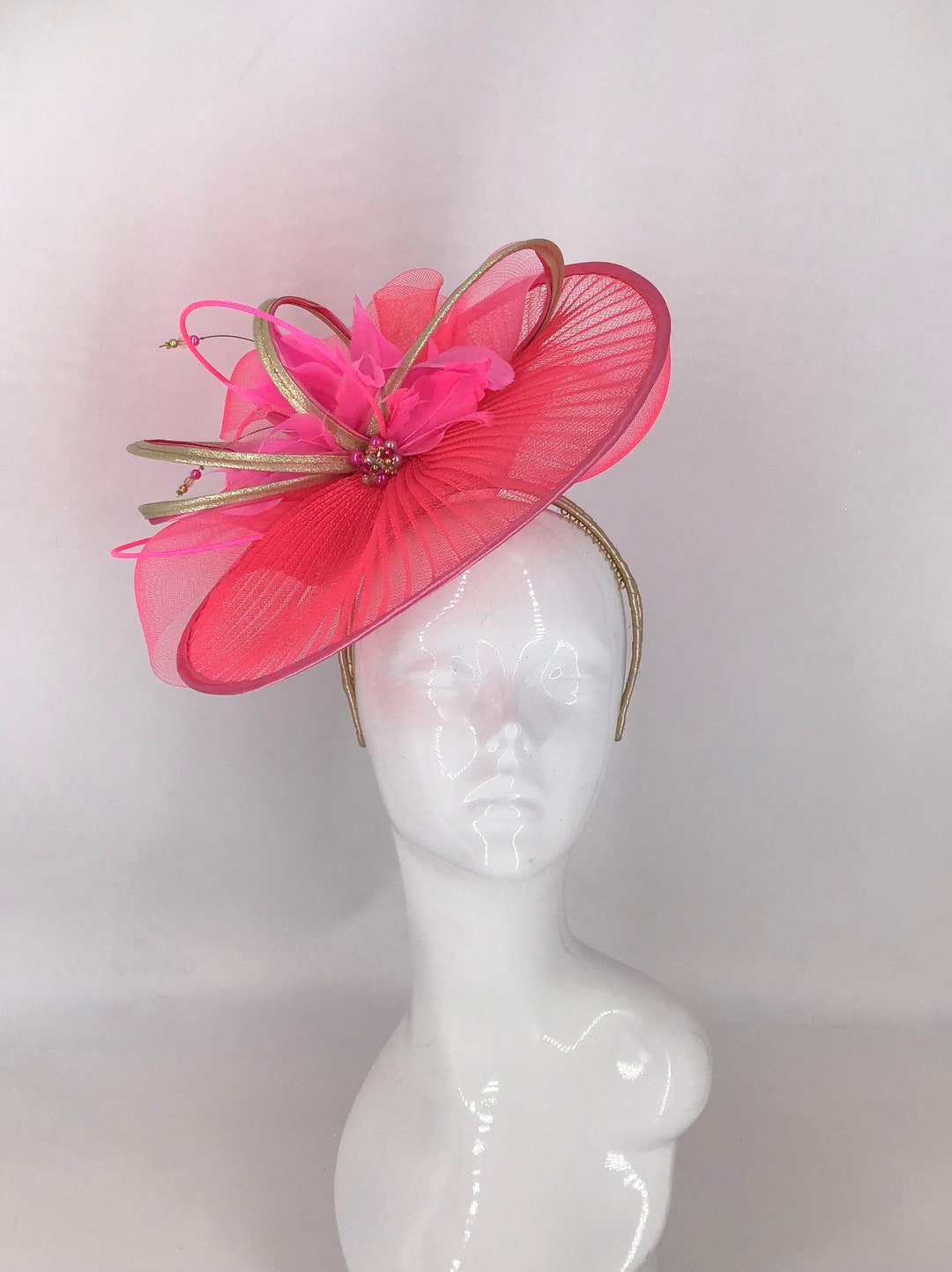 Neon Pink. Hot Pink and Gold Fascinator, Hat, Headpiece, Ladies Day ...