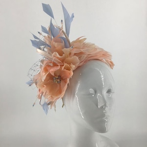 Bright Peach and Powder Blue Birdcage Veiling Feather Fascinator ...