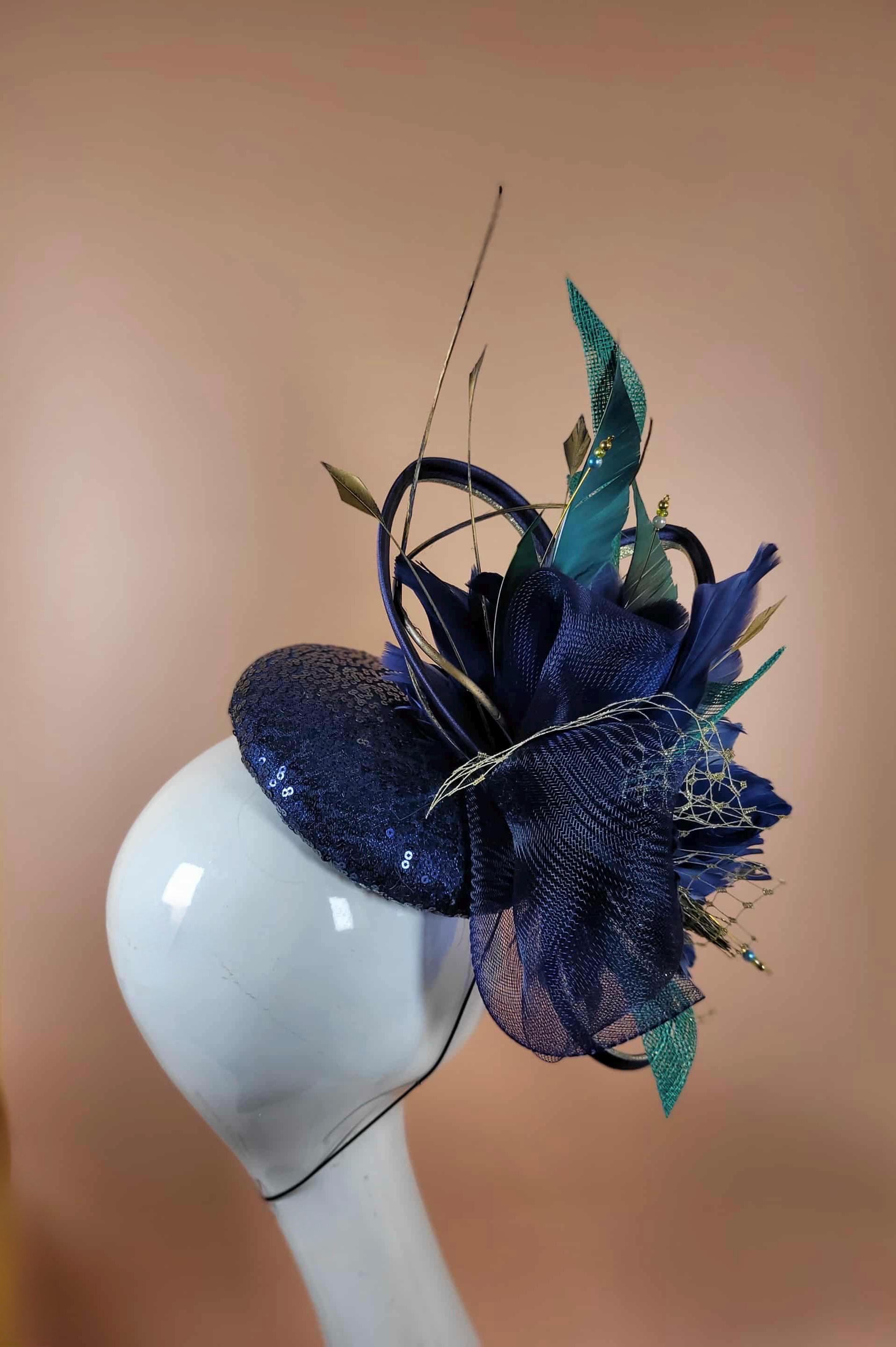 Navy Peacock Vintage Inspired Sequin Pillbox Feather Fascinator - Etsy
