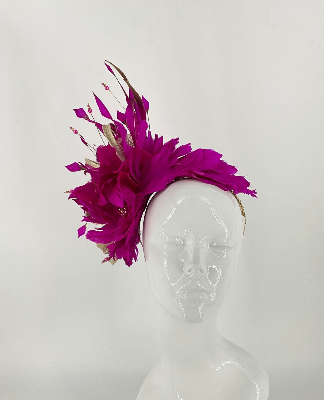 Cerise ,pink and Gold Birdcage Veiling Feather Fascinator, Headband ...