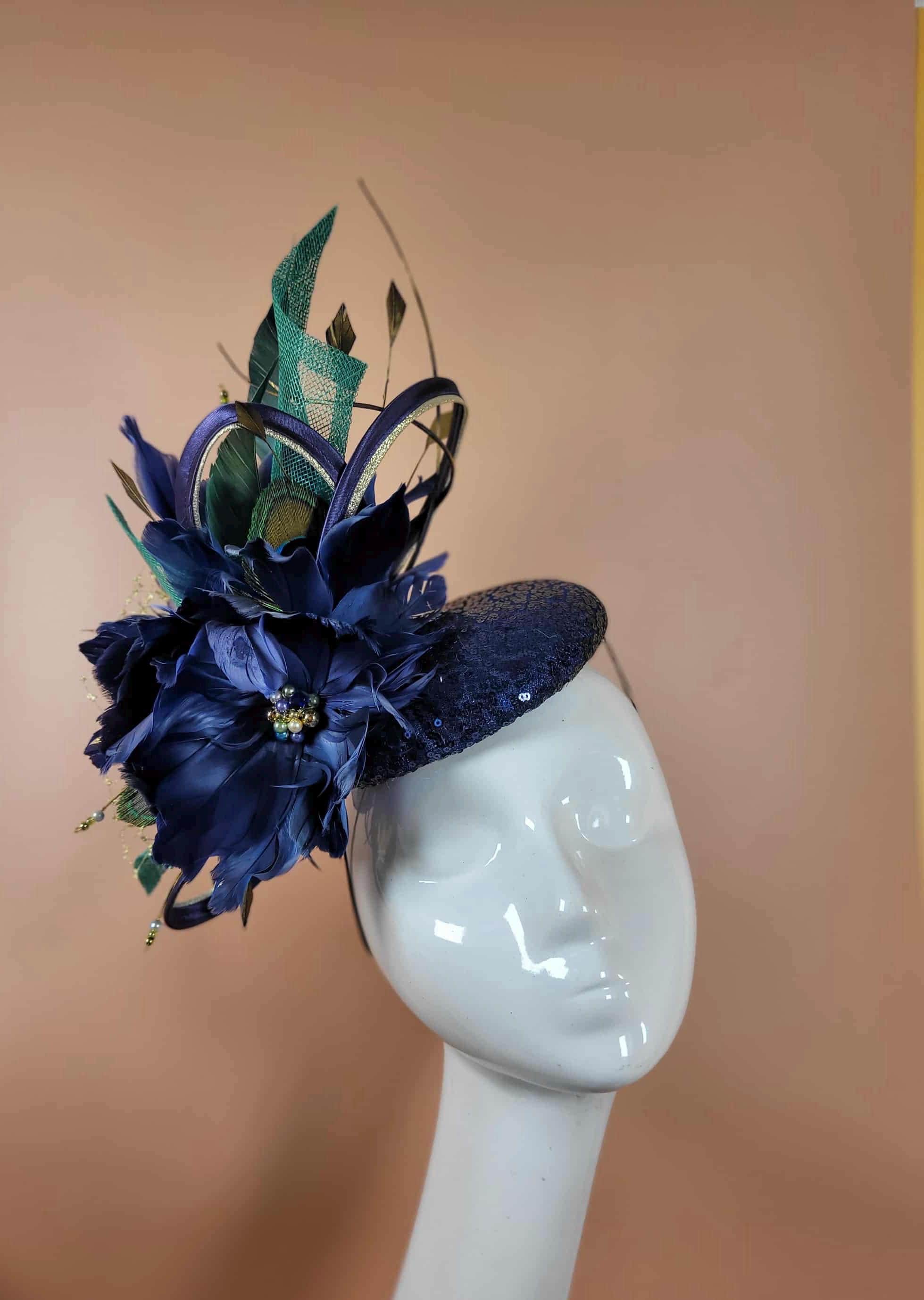 Navy Peacock Vintage Inspired Sequin Pillbox Feather Fascinator - Etsy