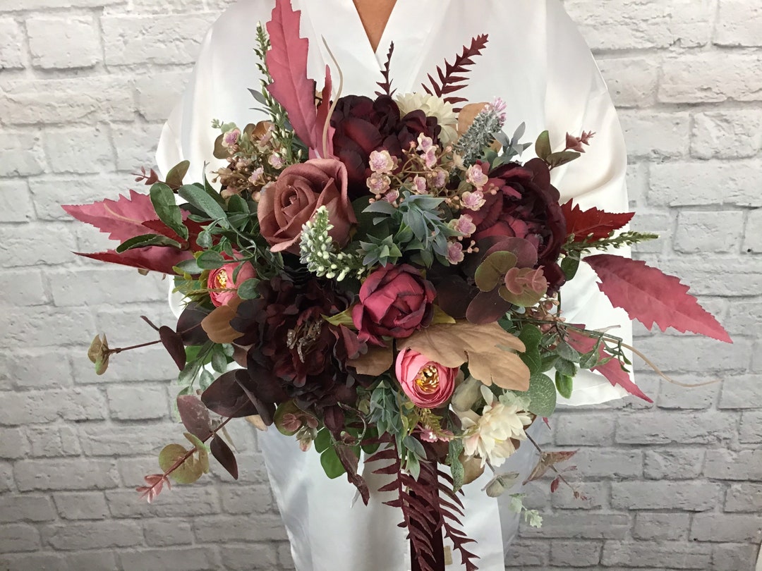 Burgundy, Dusty Pink, Damson Rose Blush, Foliage Bride Wedding Bouquet ...