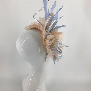 Peach and Powder Blue Birdcage Veiling Feather Fascinator, Headband ...