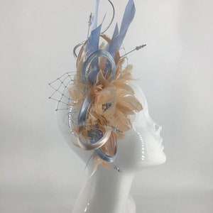 Peach and Powder Blue Birdcage Veiling Feather Fascinator, Headband ...