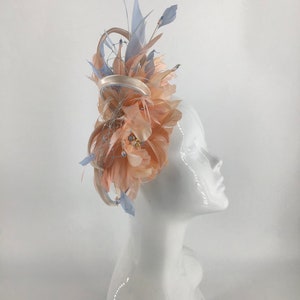 Bright Peach and Powder Blue Birdcage Veiling Feather Fascinator ...