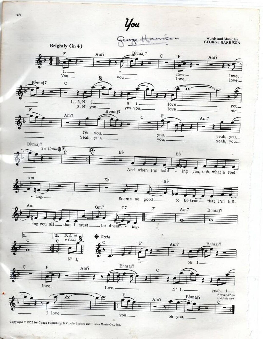 George Harrison Music Sheet Auto'ed Music Sheet " You" - Etsy