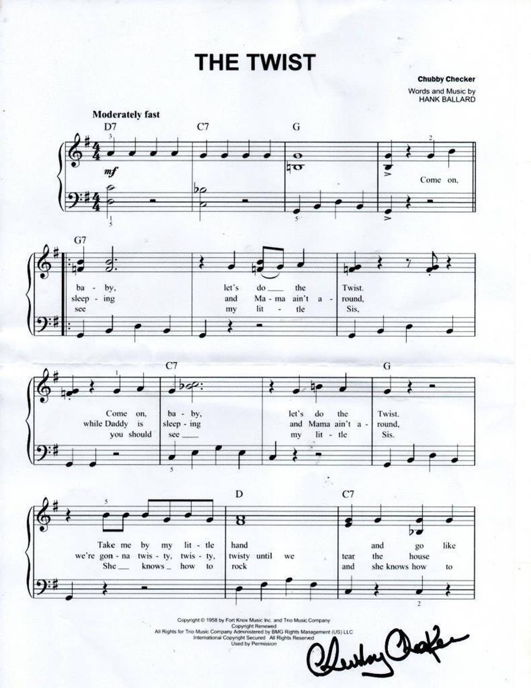 Chubby Checker Autographed Music Sheet "the Twist" - Etsy