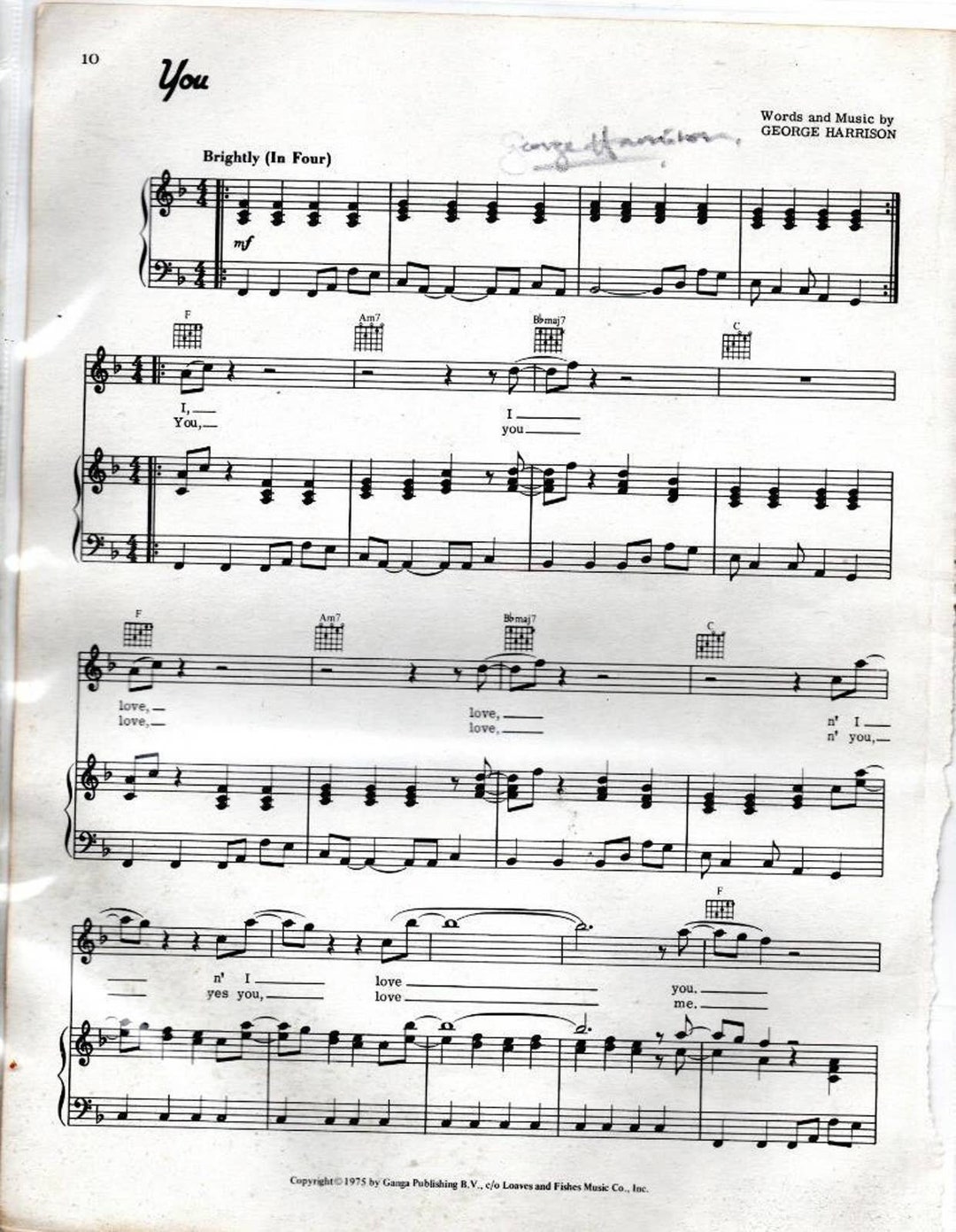 George Harrison Music Sheet Auto'ed Music Sheet " You" 2 - Etsy