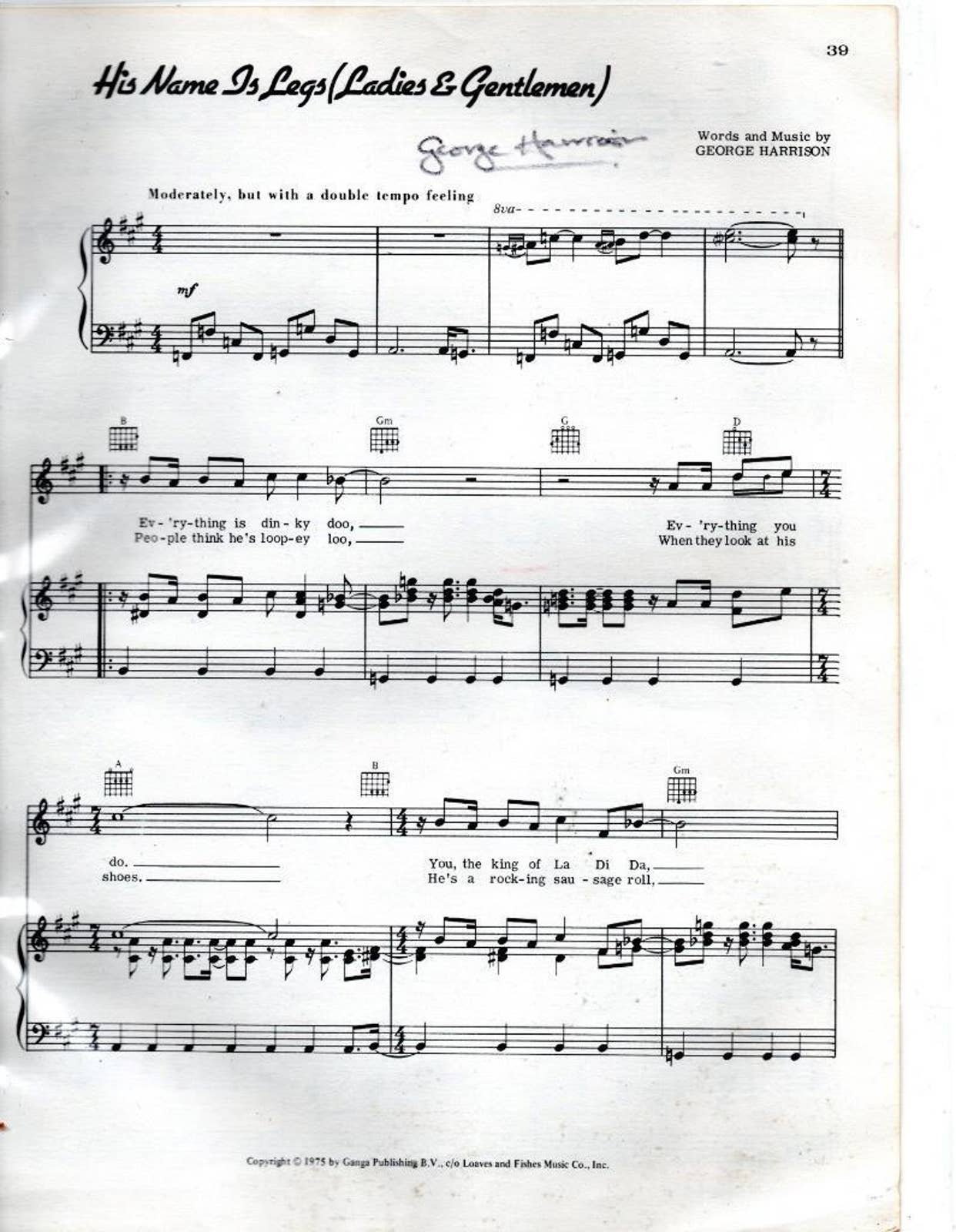 George Harrison Music Sheet Auto'ed Music Sheet "his Name is Legs" - Etsy