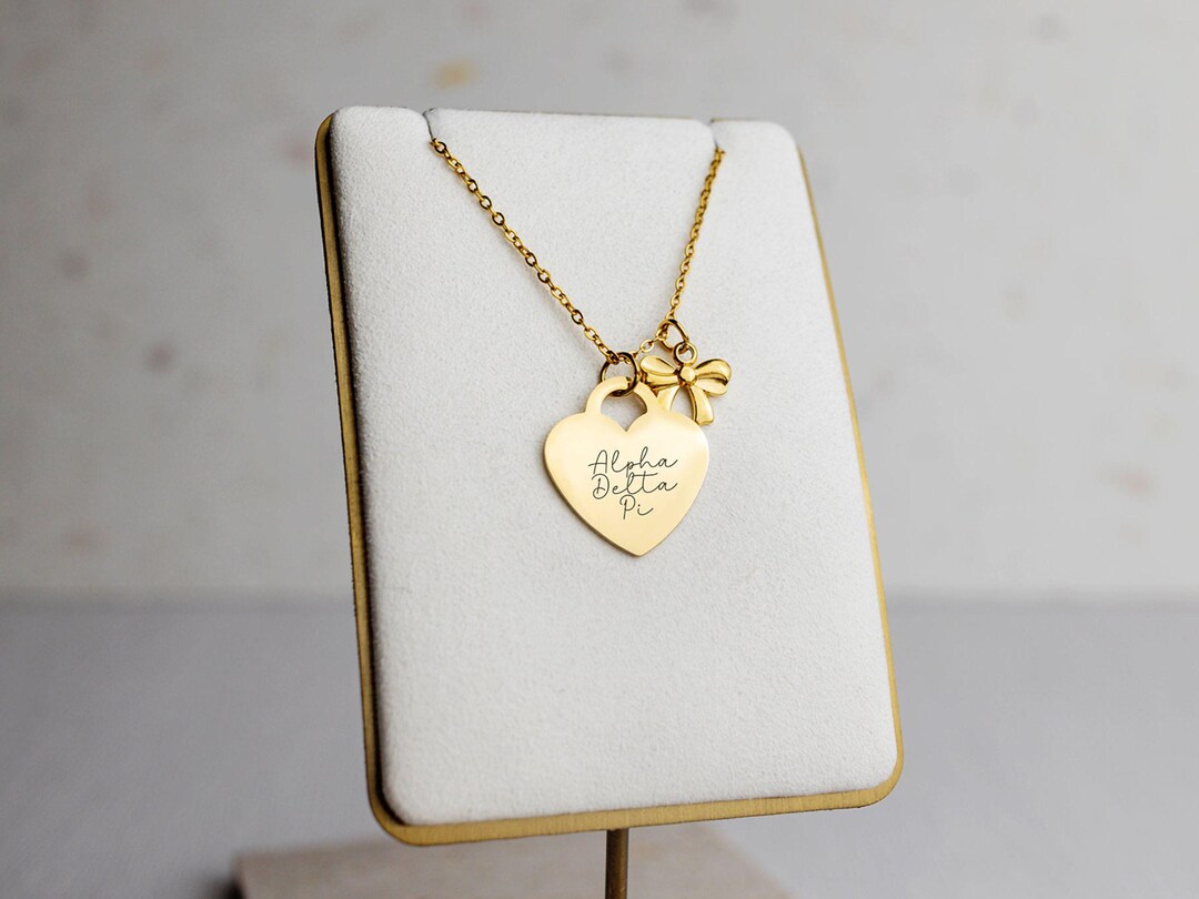 Alpha Delta Pi Heart Necklace – Script Engraving With Bow Charm – Gold ...