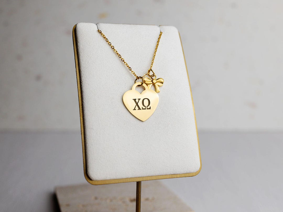 Chi Omega Necklace Heart With Bow and Letters Sorority Jewelry Gold or ...