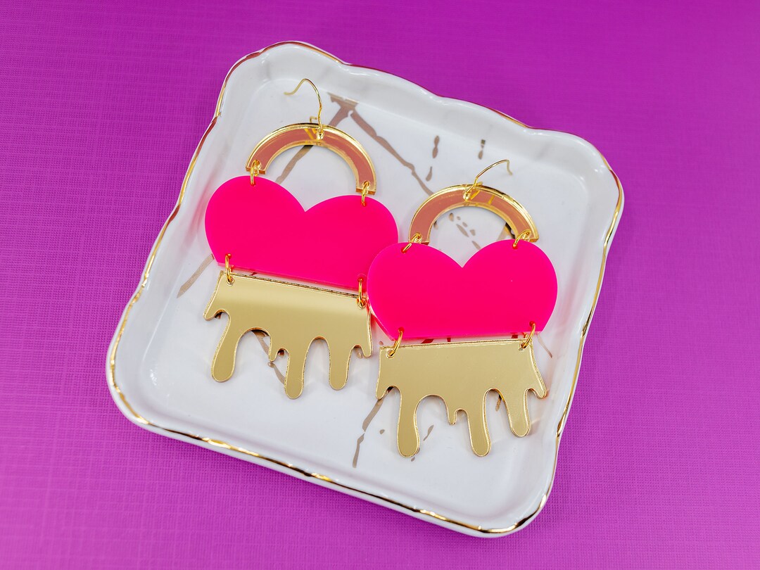 Neon Drip Heart Earrings Hot Pink and Gold Mirror Acrylic, Laser Cut ...