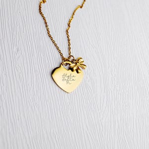 Alpha Delta Pi Heart Necklace – Script Engraving With Bow Charm – Gold ...