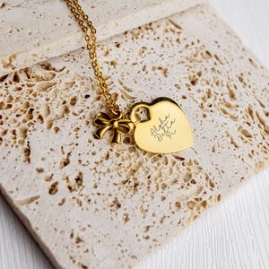 Alpha Delta Pi Heart Necklace – Script Engraving With Bow Charm – Gold ...