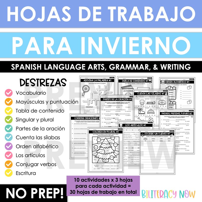 Spanish Winter Worksheets: Grammar & Language Arts (PDF) - Etsy