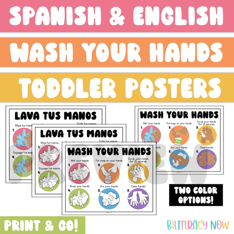 Bilingual Wash Your Hands Posters Spanish Posters Lávate Las Manos - Etsy