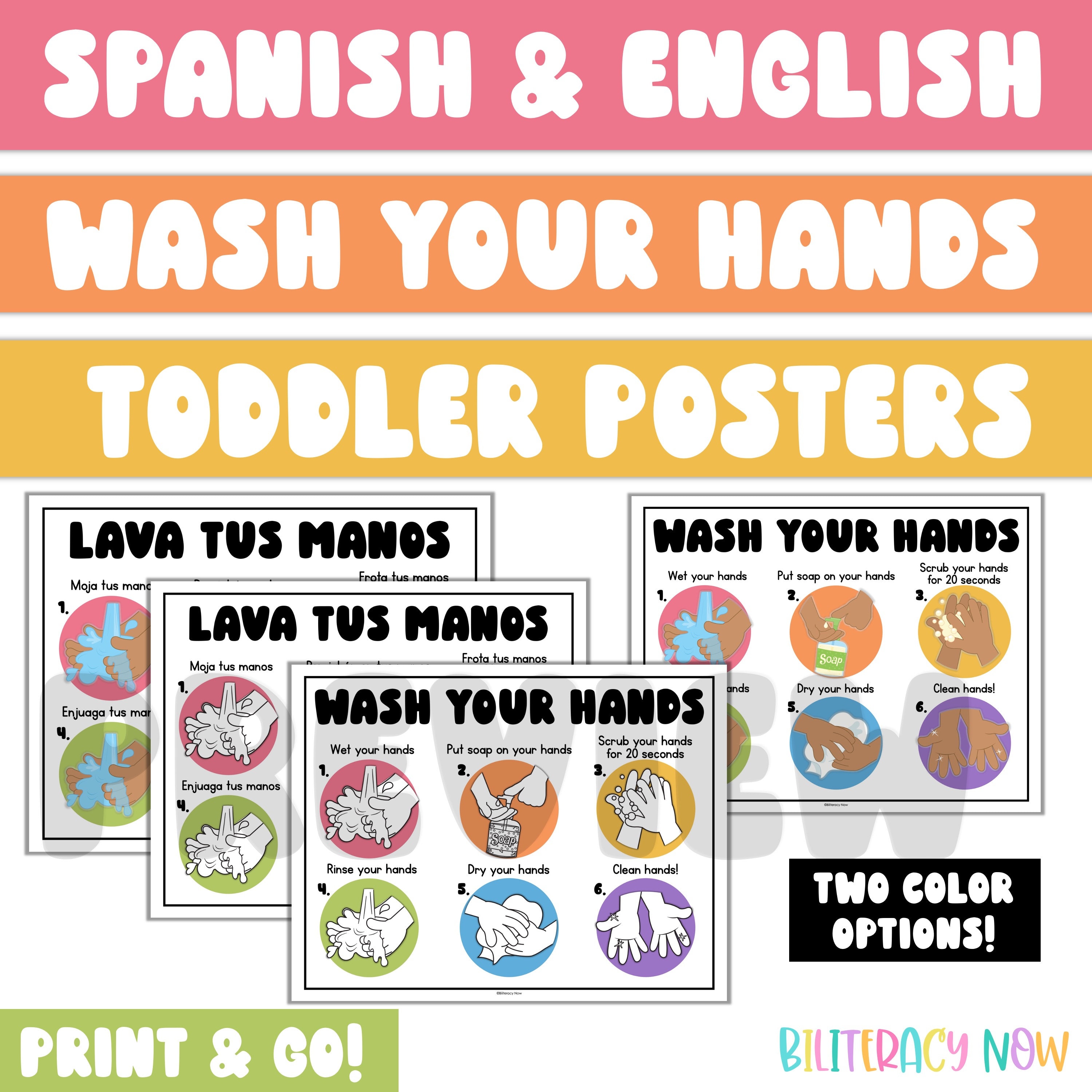 Bilingual Wash Your Hands Posters Spanish Posters Lávate Las Manos - Etsy