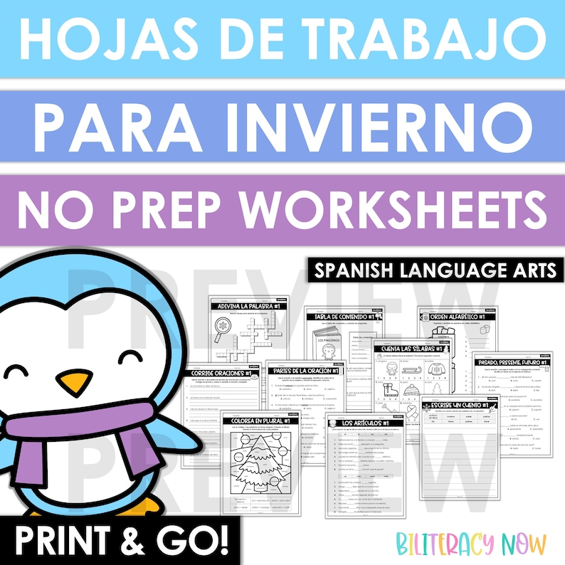 Spanish Winter Worksheets: Grammar & Language Arts (PDF) - Etsy