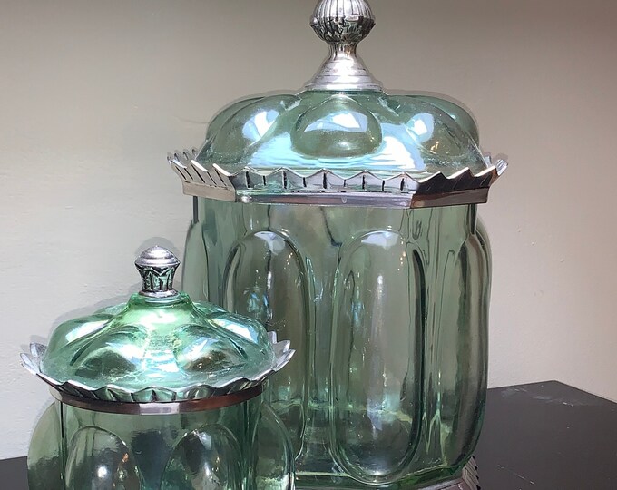 Set of Two Vintage Green Bubble Glass Apothecary Jars With Silver ...