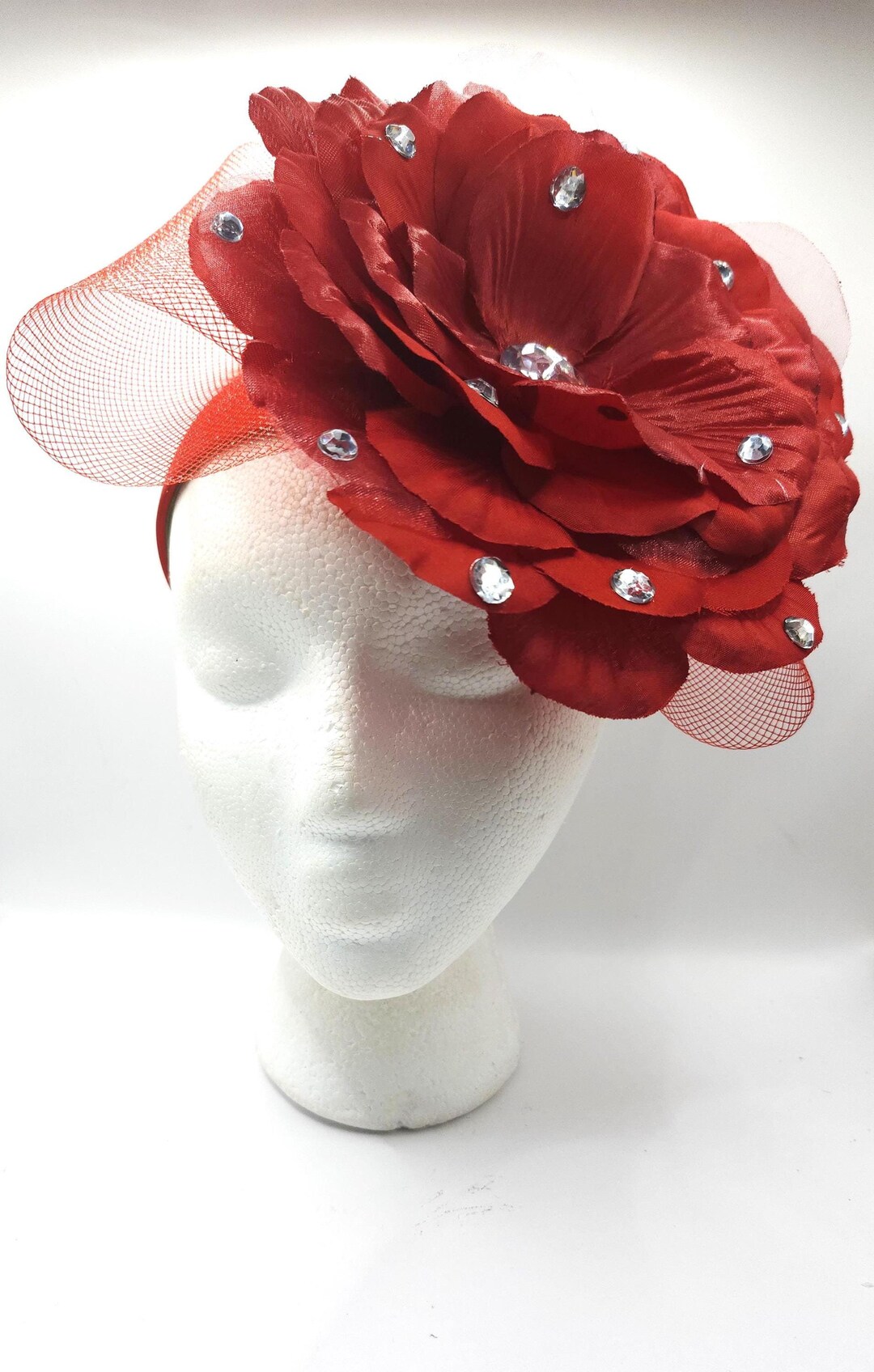 Extra Large Red Handmade Flower Fascinator. Adorned With Rhinestones by ...
