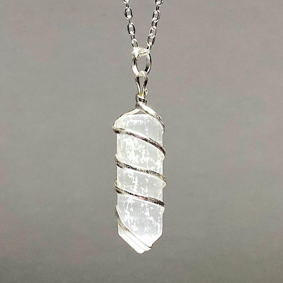 Selenite Crystal Pendant Necklace: Wire Wrapped Gemstone With Chain - Etsy