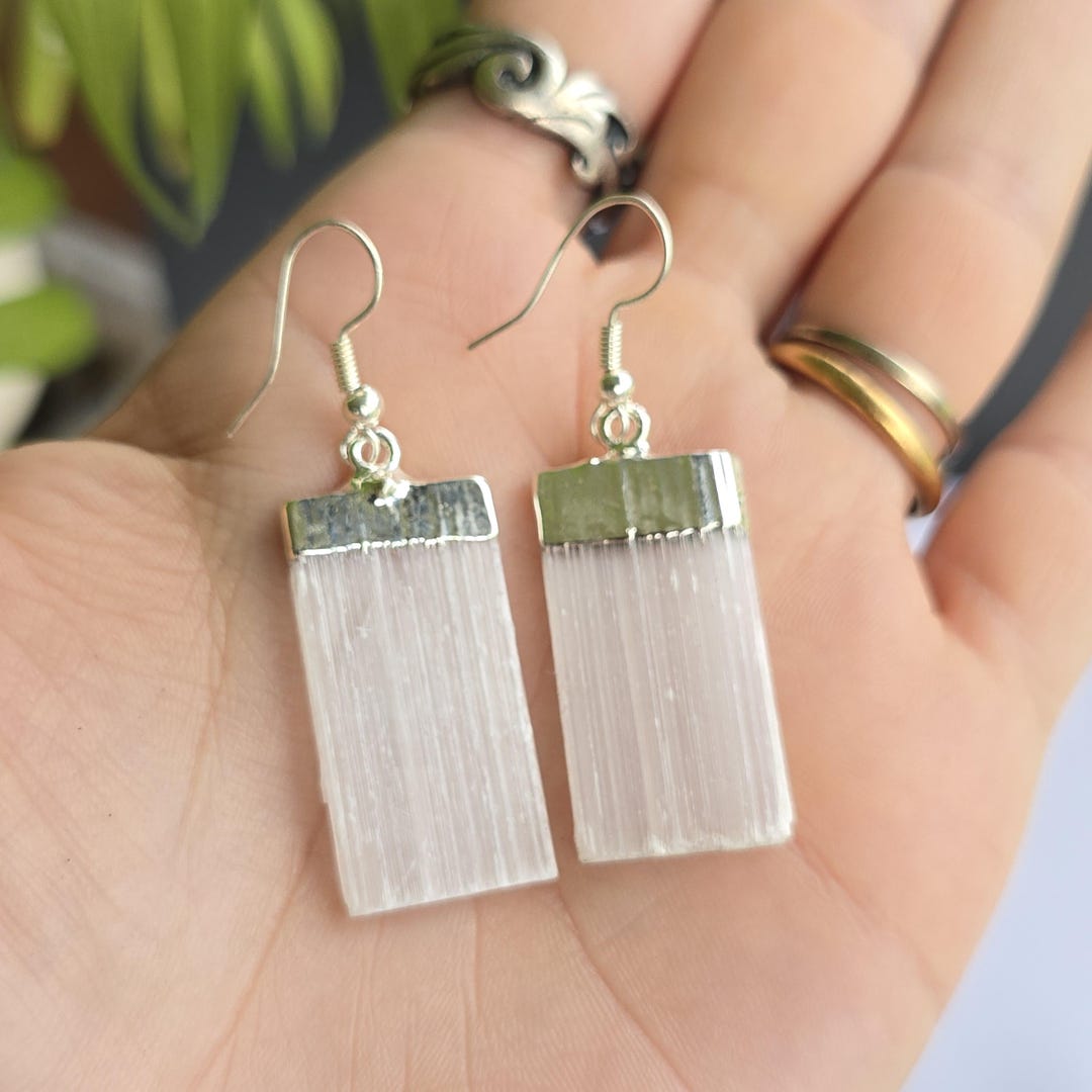 Selenite Crystal Earrings, Handmade Gemstone Dangle Earrings - Etsy