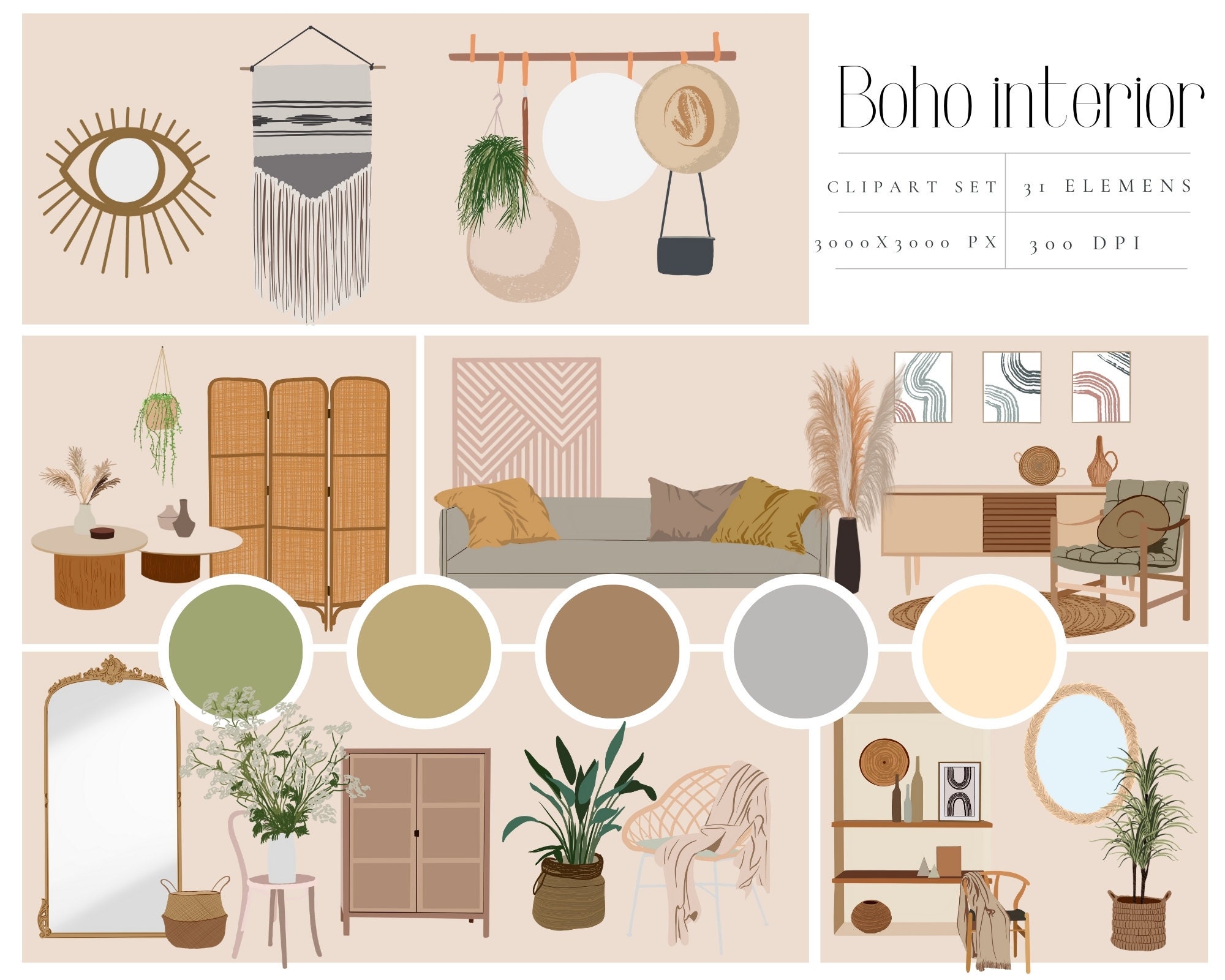 Boho Interior Set, Boho Moodboard Creator, Boho Scene Creator, Boho ...