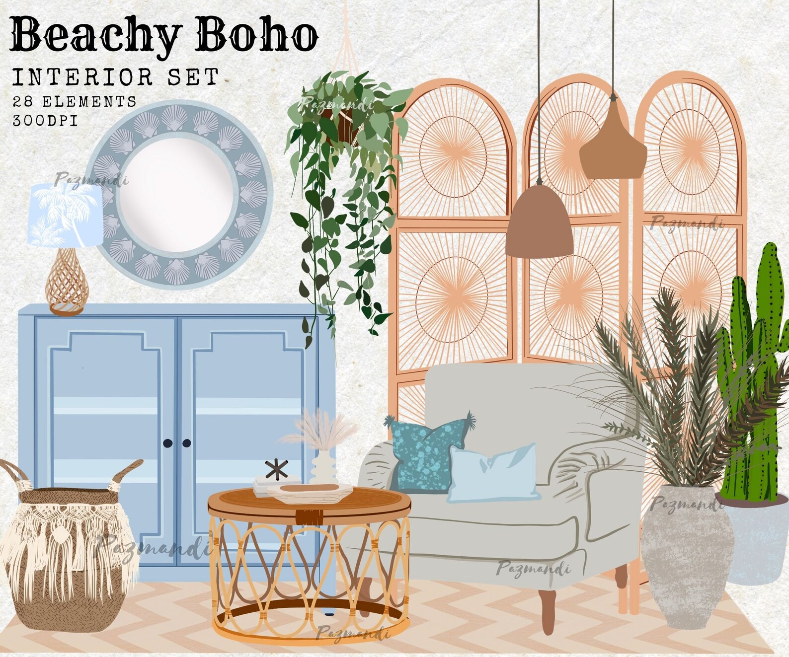 Beachy Boho Interior Png Set, Boho Home Png, Boho Moodboard and Scene ...
