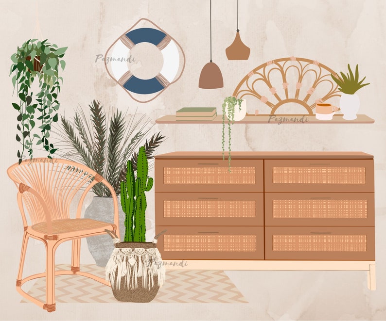 Beachy Boho Interior Png Set, Boho Home Png, Boho Moodboard and Scene ...