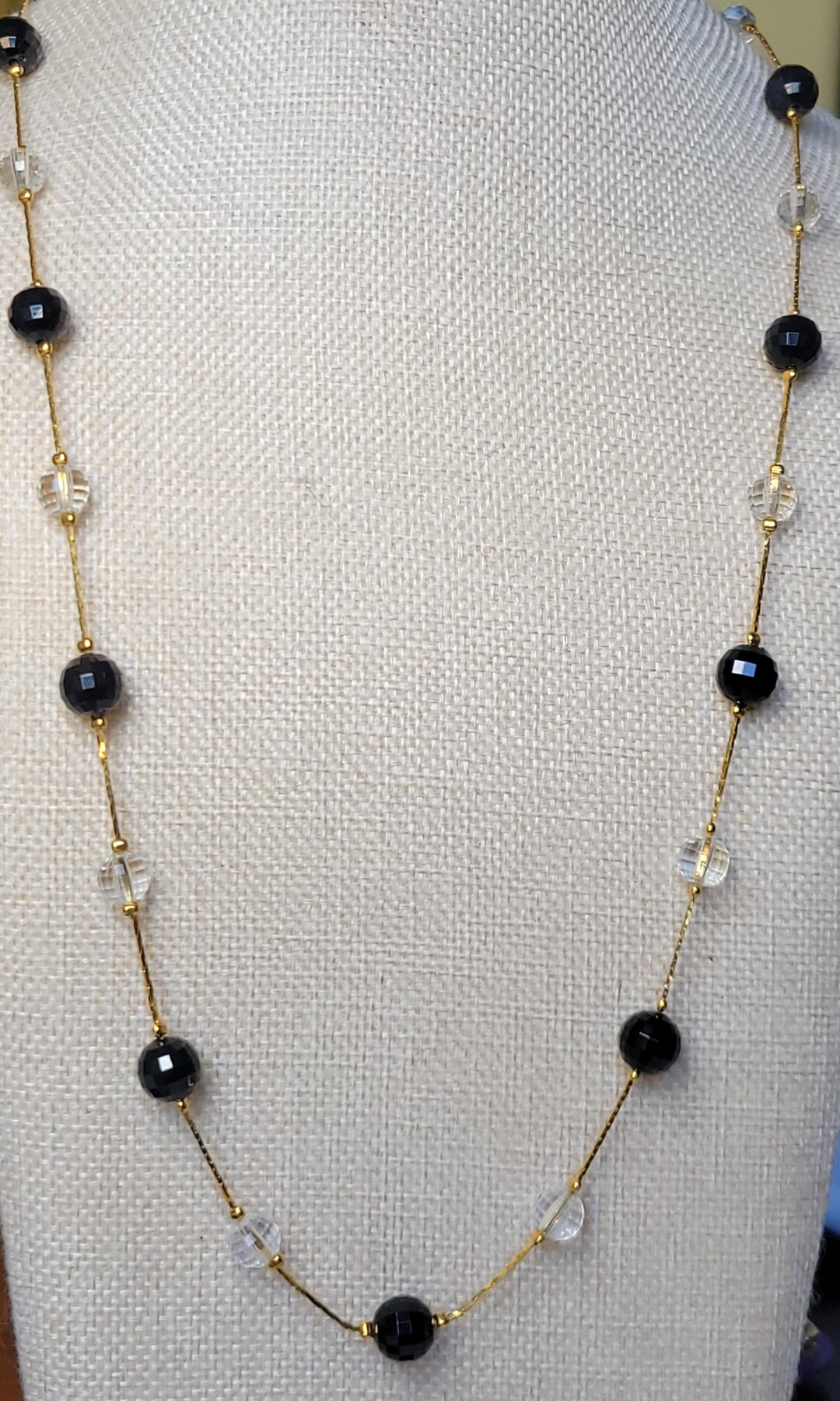 30 Inch Trifari Gold Tone Chain With Clear and Black Faceted Beads ...