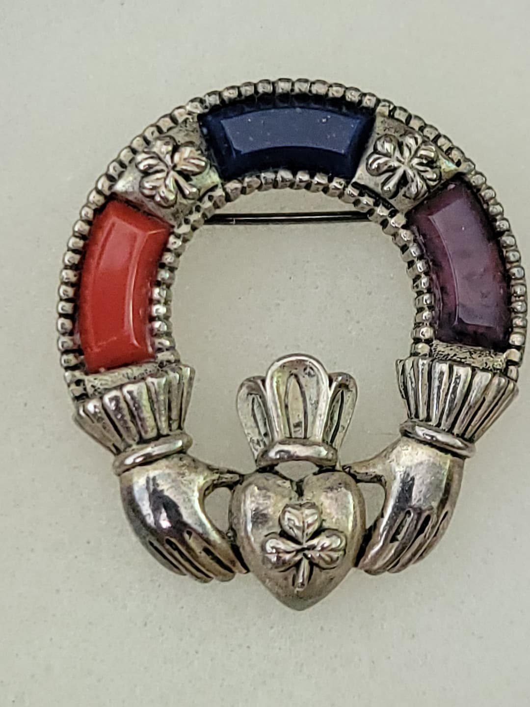 Vintage Sol Dor Irish Claddagh Faux Gemstone 1.5 Inch Silver Tone ...