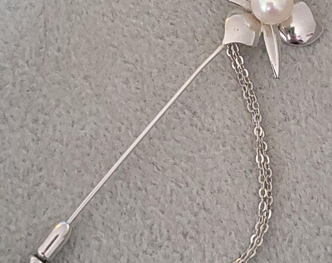 Stamped Silver Stick Pin With Figural Flower and Cultured Pearl Locking ...