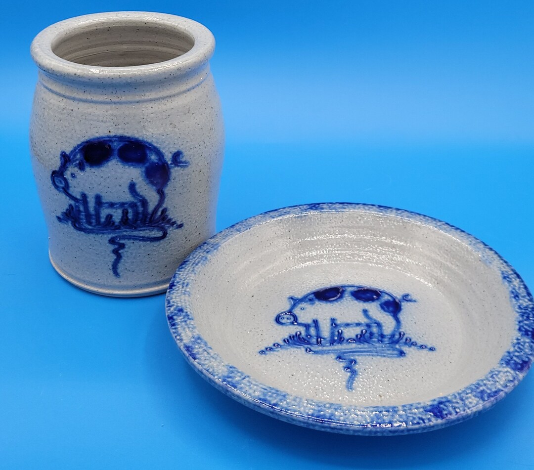 Vtg Eldreth 1991 Signed Gray Blue Speckled Stoneware Pottery Pig Pie ...