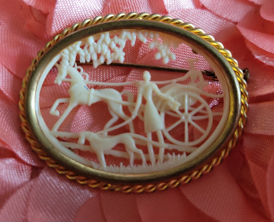 1920s Depose Celluloid Vintage Brooch Horse and Carriage Lady and Dog ...