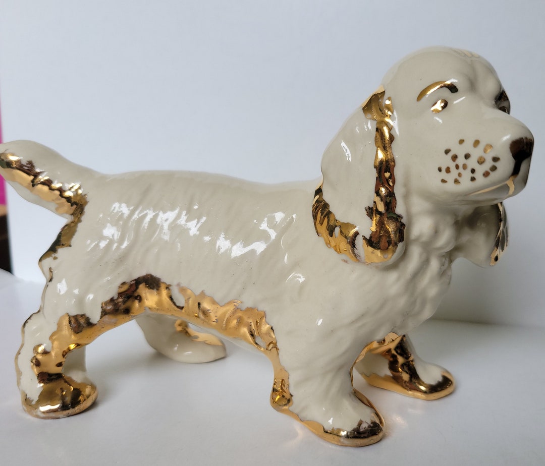 Vintage Pottery Ceramic Cocker Spaniel Dog off White Gold Kitsch 6 X 4 ...