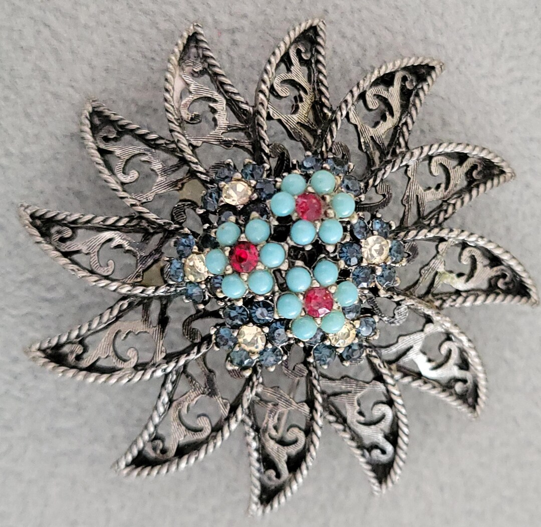 Blackened Silver Tone BSK Signed Turquoise Bead Light Blue Red Clear ...