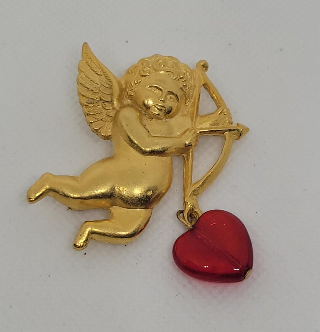 1.5 X 2 Inch Yellow Gold Tone Cupid Brooch With Red Dangle Heart ...