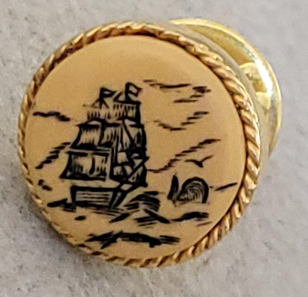 Gold Tone Scrimshaw Clipper Ship Sea Monster Lapel Pin Carved Maritime ...