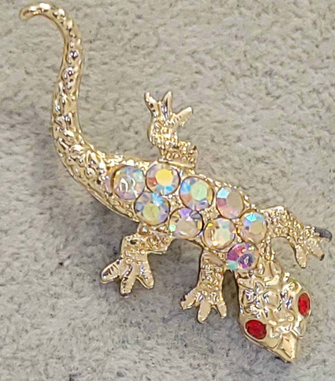 1 X 2 Inch Gold Tone Gecko Salamander Pin Brooch With Clear AB and Red ...