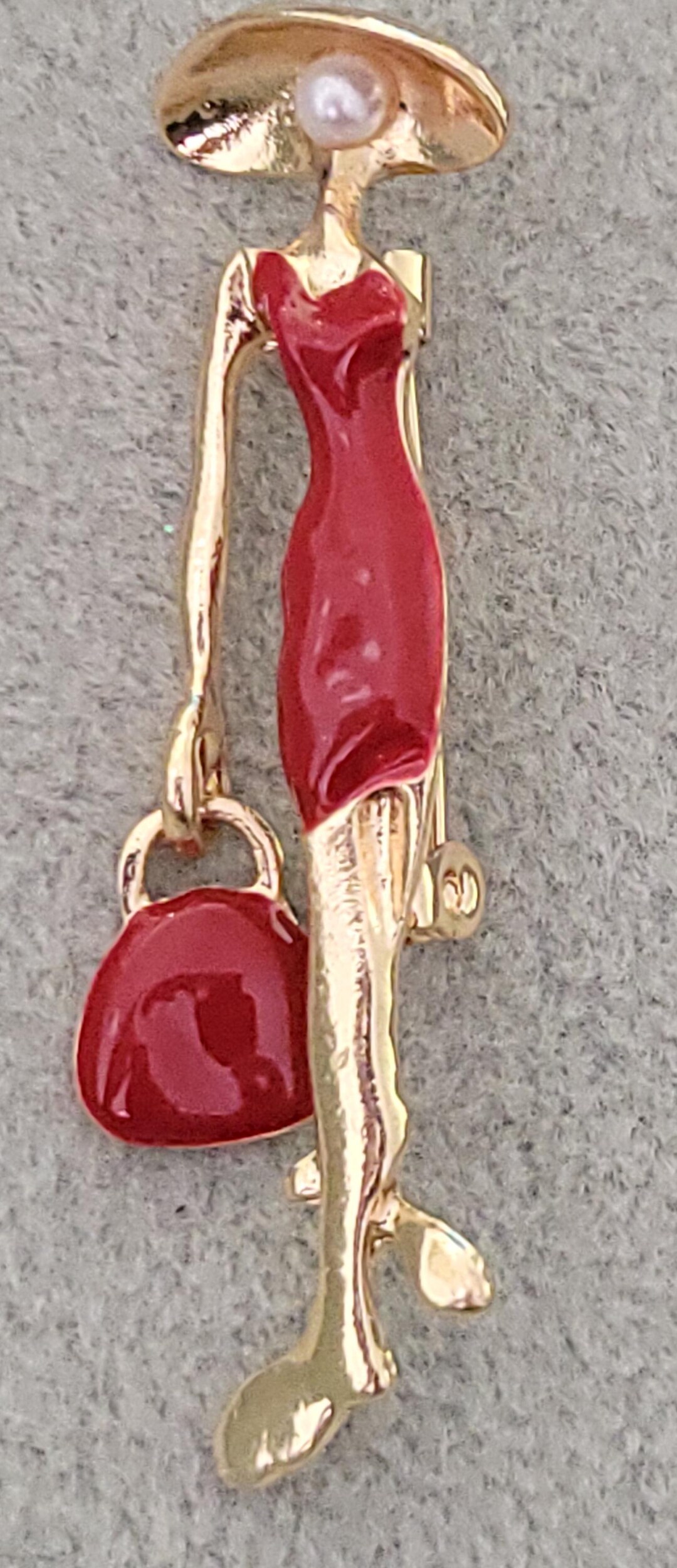 2.25 X .5 Inch Gold Tone Lady in Red Dress Pin Brooch Enamel Faux Pearl ...
