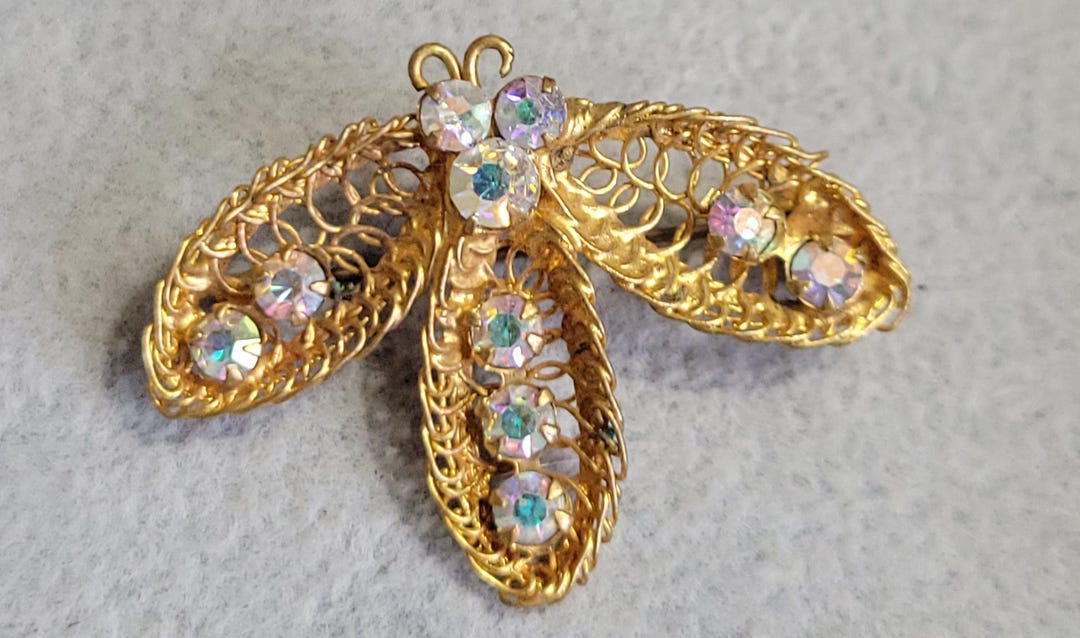 Gold Tone Wire AB Aurora Borealis Rhinestones Bug Pin Brooch Made in ...
