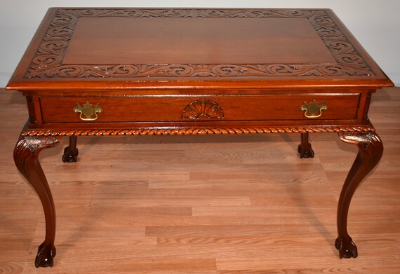 1900s Antique English Chippendale Carved Mahogany Claw Foot Writing Desk Etsy