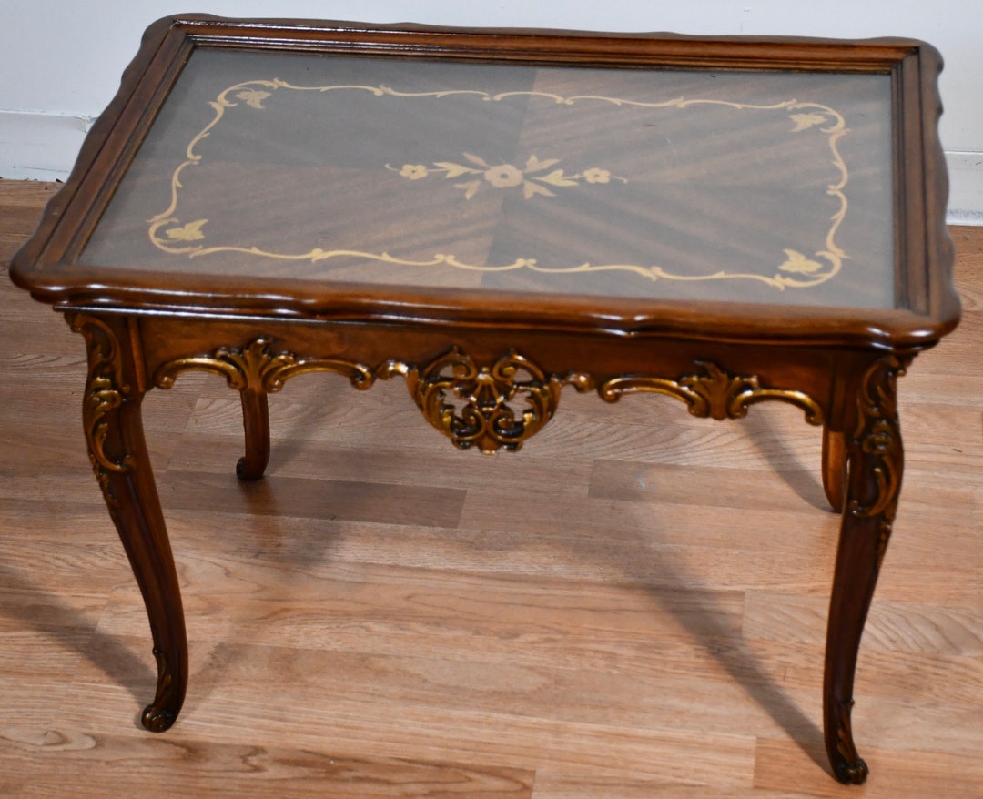 1920 Antique French Louis XV Walnut Floral Inlay Coffee Table With ...