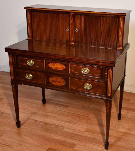 1920 Antique English Edwardian Mahogany Inlaid Secretary Tambour Writing Desk Etsy
