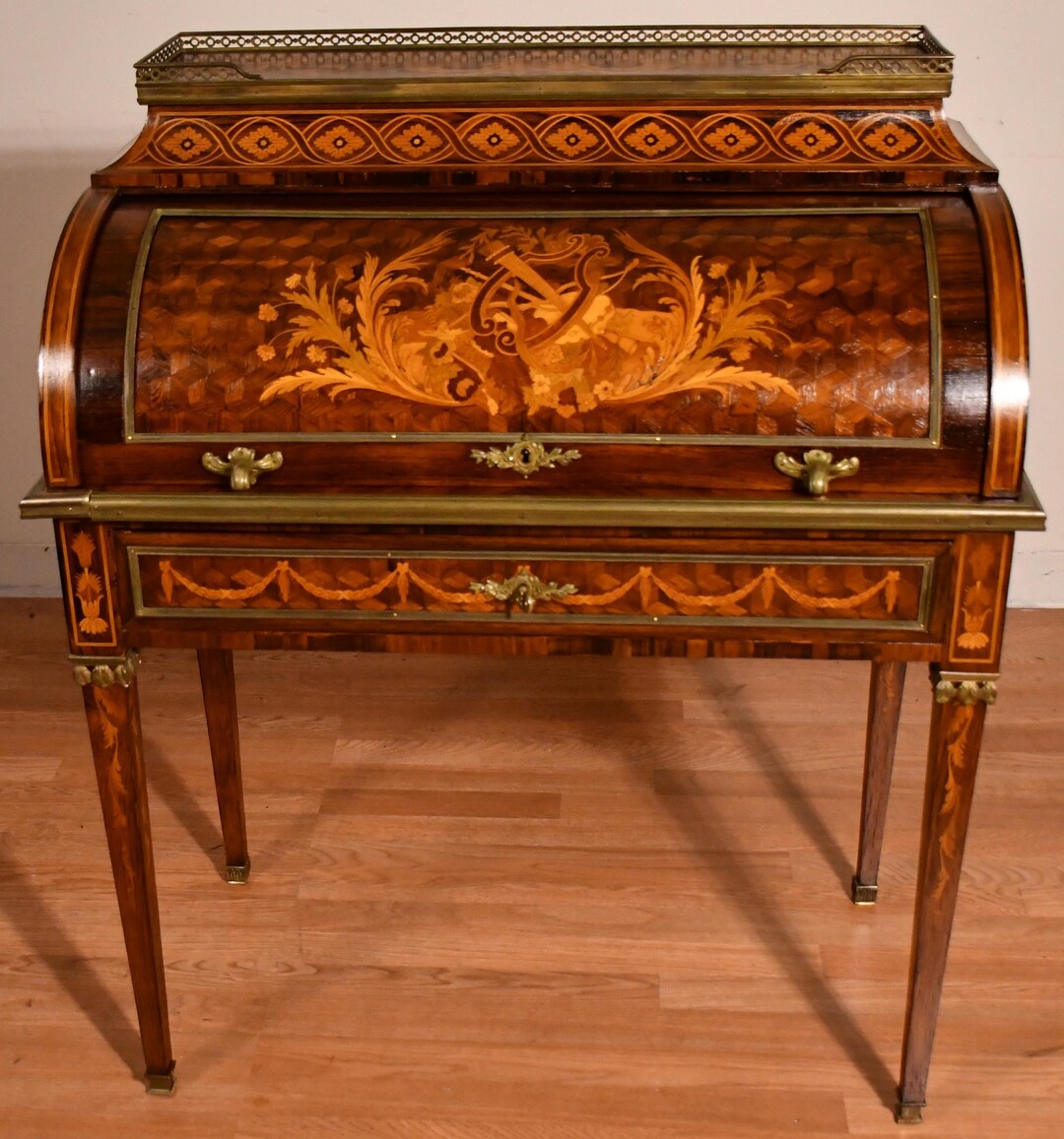 1860s Antique French Louis XV Walnut & Satinwood Inlay Cylinder Writing ...