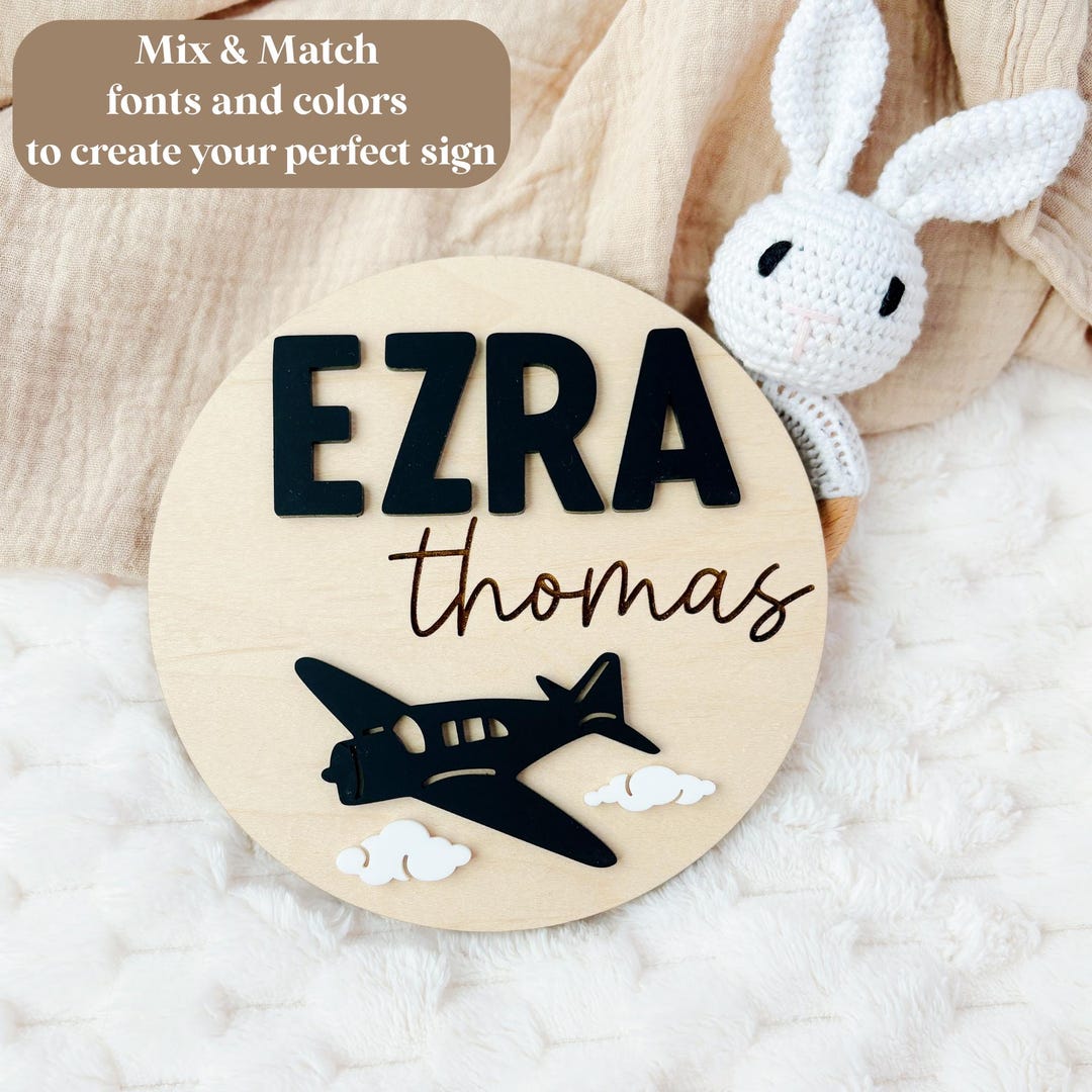Airplane Baby Name Sign: 3D Nursery Decor, Engraved Maple Wood and ...