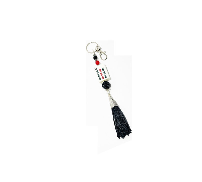 Genuine 9 Bam Mahjong Tile Keychain With Tassel, Red Jade & Onyx ...