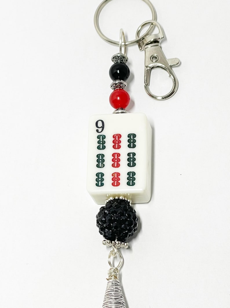 Genuine 9 Bam Mahjong Tile Keychain With Tassel, Red Jade & Onyx ...