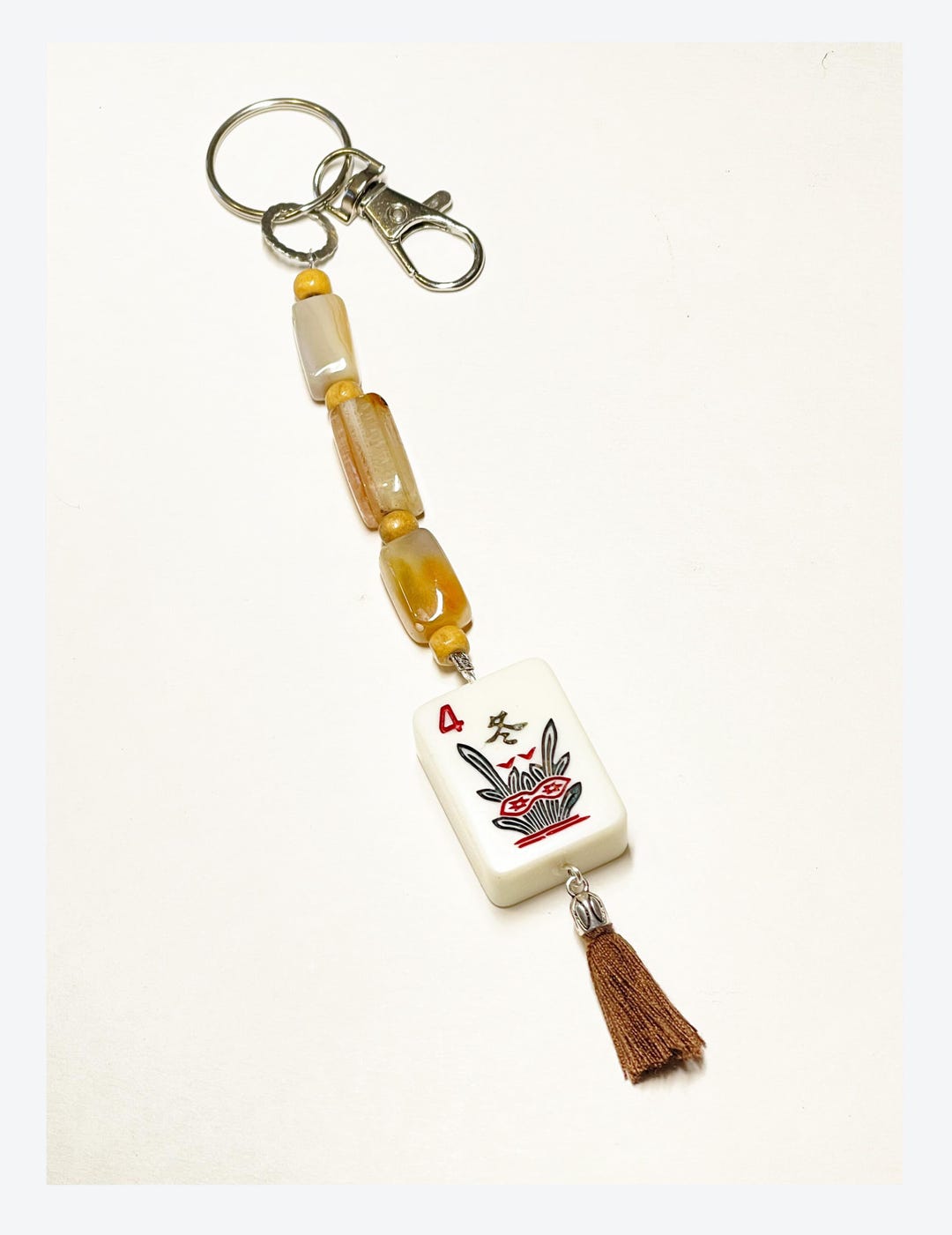 Mahjong Tile Keychain: Genuine Flower Tile, Brown Agate Gemstones, Wood ...
